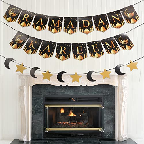 Ramadan Kareem Banner, Ramadan Banner with Star and Moon, Ramadan Kareem Decoration for Wall and Mantle - Pre-strung