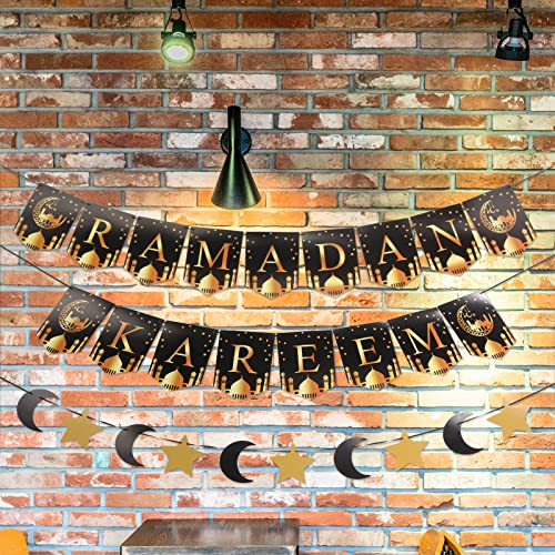 Ramadan Kareem Banner, Ramadan Banner with Star and Moon, Ramadan Kareem Decoration for Wall and Mantle - Pre-strung