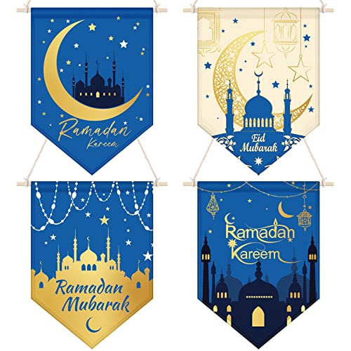 4 Pcs Ramadan Kareem Hanging Door Sign, Eid Mubarak Decorative Ramadan Canvas Sign Party Decorations Welcome Banner for Ramadan Kareem Eid Mubarak Home Door Decor Party Supplies, 14.96 x 11.02 Inch