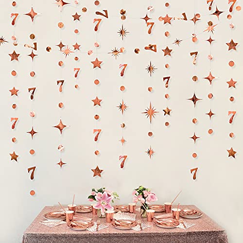 Rose Gold 7th Birthday Decorations Number 7 Circle Dot Twinkle Star Garland Metallic Hanging Streamer Bunting Banner Backdrop for Girls Boys Seven Year Old Birthday 7th Anniversary Party Supplies