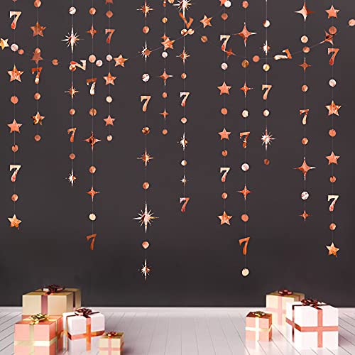 Rose Gold 7th Birthday Decorations Number 7 Circle Dot Twinkle Star Garland Metallic Hanging Streamer Bunting Banner Backdrop for Girls Boys Seven Year Old Birthday 7th Anniversary Party Supplies