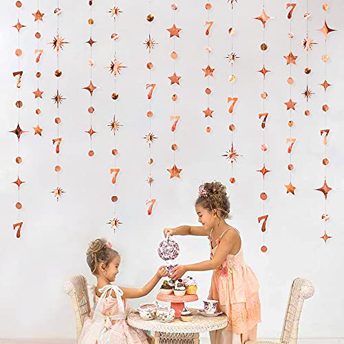 Rose Gold 7th Birthday Decorations Number 7 Circle Dot Twinkle Star Garland Metallic Hanging Streamer Bunting Banner Backdrop for Girls Boys Seven Year Old Birthday 7th Anniversary Party Supplies