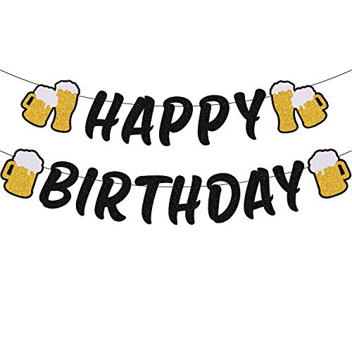 Happy Birthday Banner Cheers for 20 21 24 25 28 30 40 50 60 70 80 Years Backdrop for Men Women Him Her Bday Party Supplies Glitter Black Decorations Pre-Strung