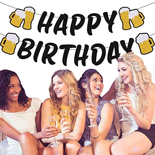 Happy Birthday Banner Cheers for 20 21 24 25 28 30 40 50 60 70 80 Years Backdrop for Men Women Him Her Bday Party Supplies Glitter Black Decorations Pre-Strung