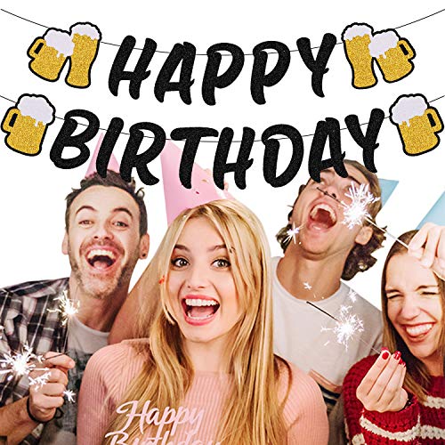 Happy Birthday Banner Cheers for 20 21 24 25 28 30 40 50 60 70 80 Years Backdrop for Men Women Him Her Bday Party Supplies Glitter Black Decorations Pre-Strung