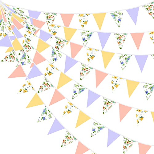 32Ft Pink Purple Yellow Printed Flowers Flora Pennant Banner Fabric Triangle Flag Bunting Garland for Easter Day Spring Summer Decor Birthday Party Wedding Home Outdoor Garden Hanging Decoration