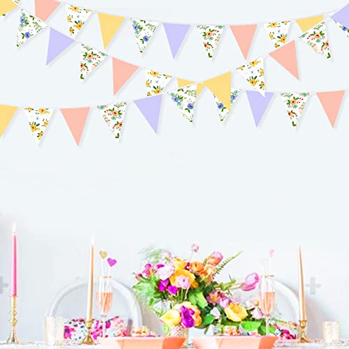 32Ft Pink Purple Yellow Printed Flowers Flora Pennant Banner Fabric Triangle Flag Bunting Garland for Easter Day Spring Summer Decor Birthday Party Wedding Home Outdoor Garden Hanging Decoration