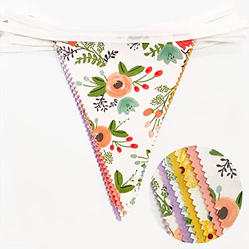 32Ft Pink Purple Yellow Printed Flowers Flora Pennant Banner Fabric Triangle Flag Bunting Garland for Easter Day Spring Summer Decor Birthday Party Wedding Home Outdoor Garden Hanging Decoration