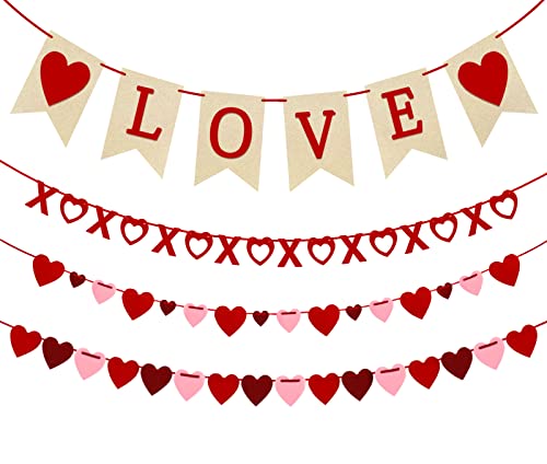 4Pcs Valentines Day Decorations Valentine's Day Decor Set Felt Love Heart XO Garlands Banner for Engagement Wedding Party Home Classroom Office, No DIY Required