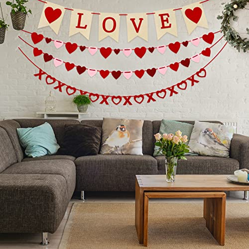 4Pcs Valentines Day Decorations Valentine's Day Decor Set Felt Love Heart XO Garlands Banner for Engagement Wedding Party Home Classroom Office, No DIY Required