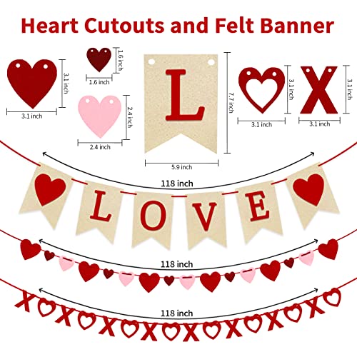 4Pcs Valentines Day Decorations Valentine's Day Decor Set Felt Love Heart XO Garlands Banner for Engagement Wedding Party Home Classroom Office, No DIY Required