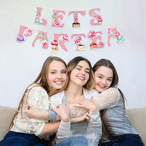 Let's PARTEA Banner for Tea Party Decoration, Partea Time Theme Party Supplies, Floral Patterns Letters Banner for Afternoon Tea for Women Girl (Pink)