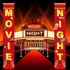 movie night theater door banner decorations, movie themed happy birthday banner porch sign party supplies, movie theater now showing home film decor for outdoor indoor