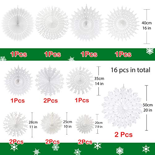 CHRORINE 16 Pcs Christmas Winter White Paper Snowflake Decorations, Christmas Snowflakes Hanging Decoration, Frozen Birthday Party Supplies Winter Wonderland Party Decorations (Mixed 7.8"-20")