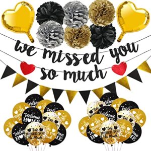 pimvimcim home decorations, 36pcs we missed you so much banner balloon paper pom poms kit, black gold pimvimcim back theme sign party supplies, homecoming party decor