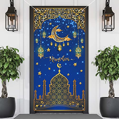 FARMNALL Eid Ramadan Mubarak Door Cover Ramadan Decorations Moon and Star Mosque Lattern Islamic Decorations Door Banner Holiday Decor Pattern Supplies for Home Office