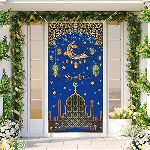 FARMNALL Eid Ramadan Mubarak Door Cover Ramadan Decorations Moon and Star Mosque Lattern Islamic Decorations Door Banner Holiday Decor Pattern Supplies for Home Office