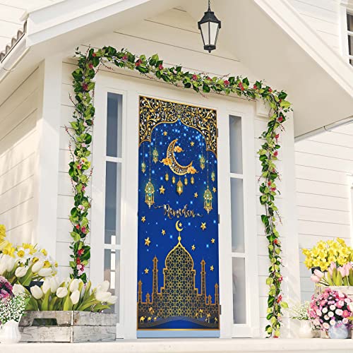 FARMNALL Eid Ramadan Mubarak Door Cover Ramadan Decorations Moon and Star Mosque Lattern Islamic Decorations Door Banner Holiday Decor Pattern Supplies for Home Office