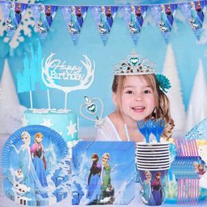 Bleasky Birthday Party Supplies Set 71 pcs Birthday Decorations Birthday Party Decorations Frozen Party Includes Table Cloth,Happy Birthday Banner, Plates Cups Napkins,Spoons,Forks