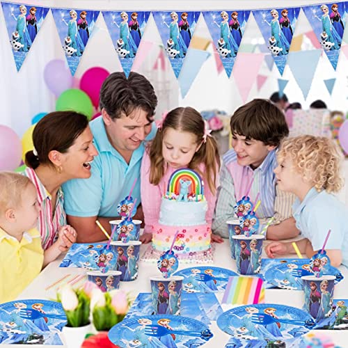 Bleasky Birthday Party Supplies Set 71 pcs Birthday Decorations Birthday Party Decorations Frozen Party Includes Table Cloth,Happy Birthday Banner, Plates Cups Napkins,Spoons,Forks