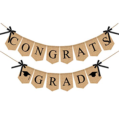 Adurself Graduation Burlap Banner Congrats Grad Rustic Jute Burlap Garland 2021 Grad Party Mantel Fireplace Wall Hanging for Home Graduation Party Classroom College Senior High School Prom Decorations