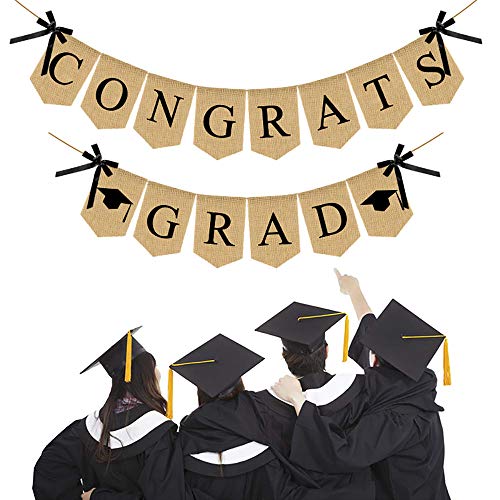 Adurself Graduation Burlap Banner Congrats Grad Rustic Jute Burlap Garland 2021 Grad Party Mantel Fireplace Wall Hanging for Home Graduation Party Classroom College Senior High School Prom Decorations