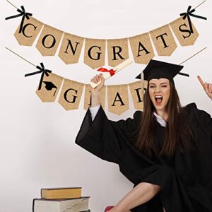 Adurself Graduation Burlap Banner Congrats Grad Rustic Jute Burlap Garland 2021 Grad Party Mantel Fireplace Wall Hanging for Home Graduation Party Classroom College Senior High School Prom Decorations