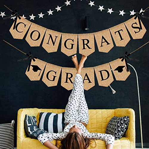 Adurself Graduation Burlap Banner Congrats Grad Rustic Jute Burlap Garland 2021 Grad Party Mantel Fireplace Wall Hanging for Home Graduation Party Classroom College Senior High School Prom Decorations