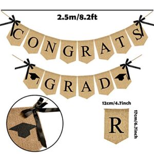 Adurself Graduation Burlap Banner Congrats Grad Rustic Jute Burlap Garland 2021 Grad Party Mantel Fireplace Wall Hanging for Home Graduation Party Classroom College Senior High School Prom Decorations