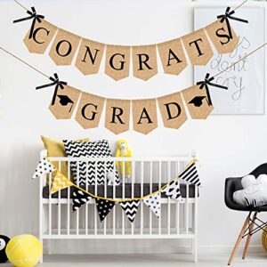 Adurself Graduation Burlap Banner Congrats Grad Rustic Jute Burlap Garland 2021 Grad Party Mantel Fireplace Wall Hanging for Home Graduation Party Classroom College Senior High School Prom Decorations