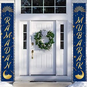 ramadan mubarak porch sign banner decoration, eid mubarak banner indoor outdoor front door hanging sign for ramadan mubarak party decoration suppliesl (blue)