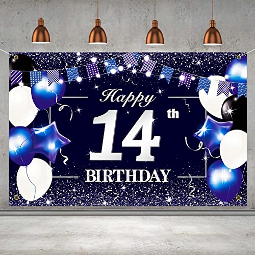 P.G Collin Happy 14th Birthday Banner Backdrop Sign Background 14 Birthday Party Decorations Supplies for Boys Kids 6 x 4ft Blue Purple Blue White 14 HB14-BS