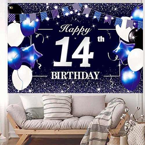 P.G Collin Happy 14th Birthday Banner Backdrop Sign Background 14 Birthday Party Decorations Supplies for Boys Kids 6 x 4ft Blue Purple Blue White 14 HB14-BS