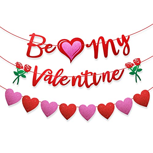 cobee Be My Valentines Banners for Valentine's Day Decorations, Glitter Love Heart Hanging Ornament Banner for Bridal Shower Engagement Anniversary Wedding Party Valentines Day Gift