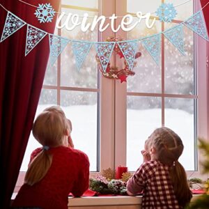 Gersoniel 3 Pieces Snowflake Winter Wonderland Banner Snowflake Paper Garland Snowflake Hanging Banner Silver Glittery Snowflake Decorations for Snow Christmas Wedding Birthday Party (Blue, Silver)