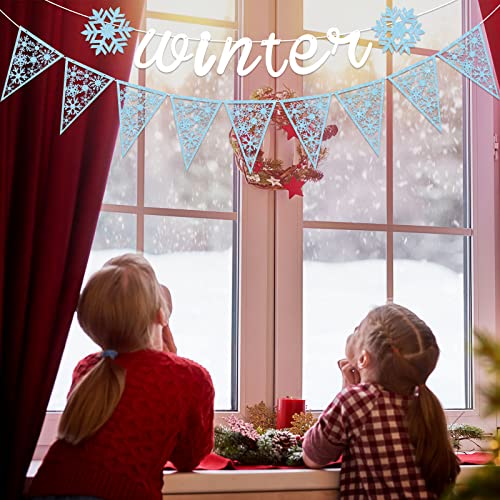 Gersoniel 3 Pieces Snowflake Winter Wonderland Banner Snowflake Paper Garland Snowflake Hanging Banner Silver Glittery Snowflake Decorations for Snow Christmas Wedding Birthday Party (Blue, Silver)