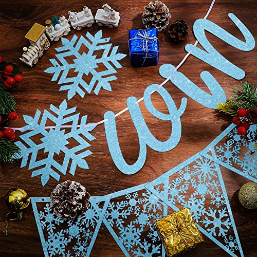 Gersoniel 3 Pieces Snowflake Winter Wonderland Banner Snowflake Paper Garland Snowflake Hanging Banner Silver Glittery Snowflake Decorations for Snow Christmas Wedding Birthday Party (Blue, Silver)