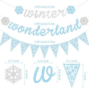 Gersoniel 3 Pieces Snowflake Winter Wonderland Banner Snowflake Paper Garland Snowflake Hanging Banner Silver Glittery Snowflake Decorations for Snow Christmas Wedding Birthday Party (Blue, Silver)