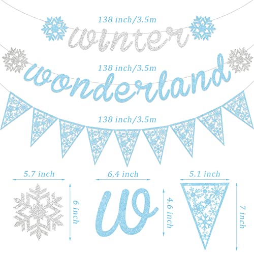 Gersoniel 3 Pieces Snowflake Winter Wonderland Banner Snowflake Paper Garland Snowflake Hanging Banner Silver Glittery Snowflake Decorations for Snow Christmas Wedding Birthday Party (Blue, Silver)