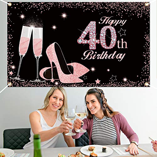 Excelloon 40th Birthday Banner Backdrop Decorations, Extra Large Happy 40 Year Old Birthday Party Poster Supplies for Women, Rose Gold Forty Years Old Birthday Party Supplies Décor