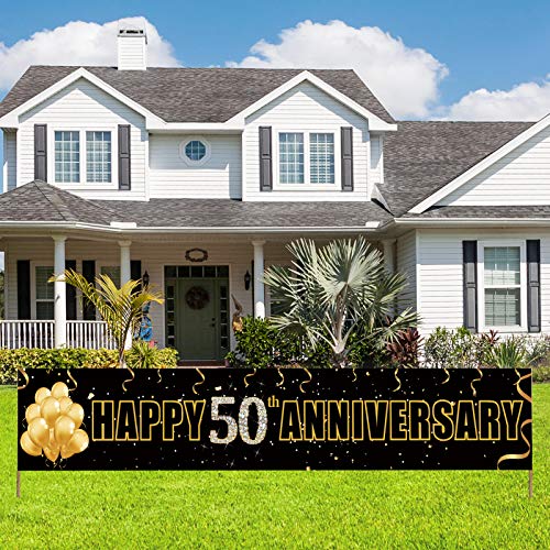 Yoaokiy Happy 50th Anniversary Banner Decorations, Black Gold 50 Wedding Anniversary Party Supplies, 50 Years Wedding Anniversary Party Sign(9.8x1.6ft)