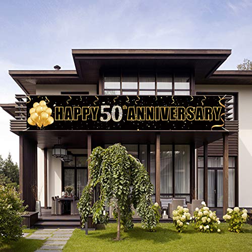 Yoaokiy Happy 50th Anniversary Banner Decorations, Black Gold 50 Wedding Anniversary Party Supplies, 50 Years Wedding Anniversary Party Sign(9.8x1.6ft)