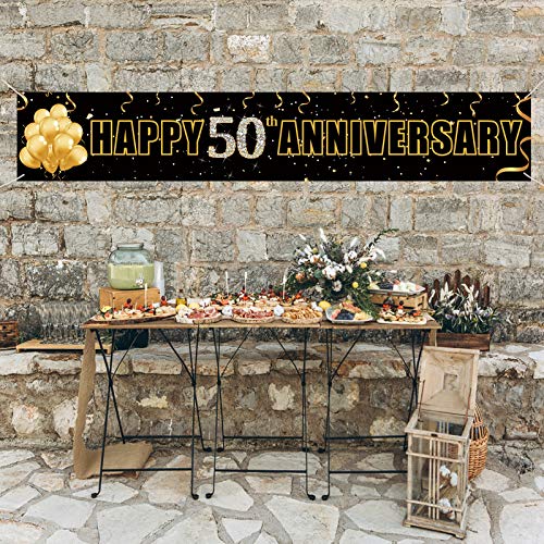 Yoaokiy Happy 50th Anniversary Banner Decorations, Black Gold 50 Wedding Anniversary Party Supplies, 50 Years Wedding Anniversary Party Sign(9.8x1.6ft)