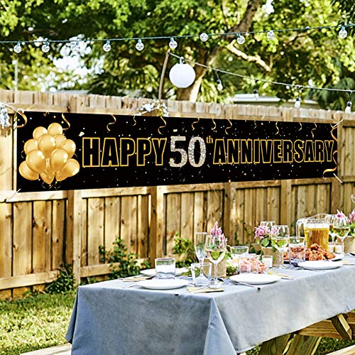 Yoaokiy Happy 50th Anniversary Banner Decorations, Black Gold 50 Wedding Anniversary Party Supplies, 50 Years Wedding Anniversary Party Sign(9.8x1.6ft)