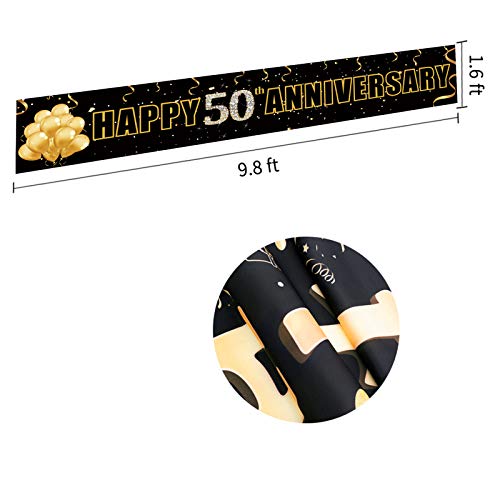 Yoaokiy Happy 50th Anniversary Banner Decorations, Black Gold 50 Wedding Anniversary Party Supplies, 50 Years Wedding Anniversary Party Sign(9.8x1.6ft)