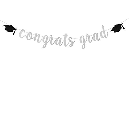 Silver Glitter Congrats Grad Banner for 2023 Graduation Decorations, Congratulations High School/College/University Graduation Decorations Supplies