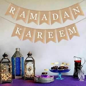 Burlap Ramadan Kareem Banner Muslim Fireplace Mantel Decoration Rustic Ramadan Kareem Bunting Banner for Mantle Fireplace Ramadan Party Decor Supplies