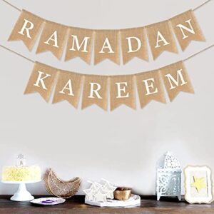 Burlap Ramadan Kareem Banner Muslim Fireplace Mantel Decoration Rustic Ramadan Kareem Bunting Banner for Mantle Fireplace Ramadan Party Decor Supplies