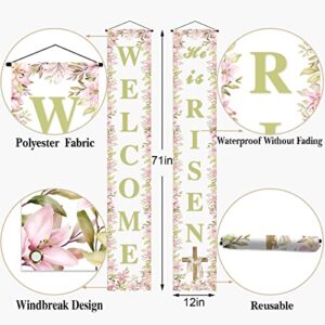 Pudodo He Is Risen Porch Banner Easter Christian Cross Resurrection Religious Holiday Party Front Door Sign Wall Hanging Decor