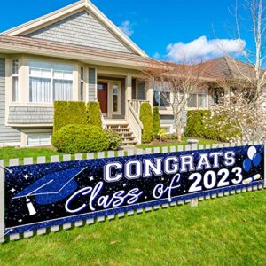 Large Congrats Grad Banner Blue Class of 2023 Banner Backdrop Graduation 2023 Yard Sign for Graduation Party Supplies Graduation Decorations 2023 (Blue)